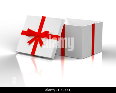 Open gift box, gold bow, gift tag, heart on pink background. Top view ...