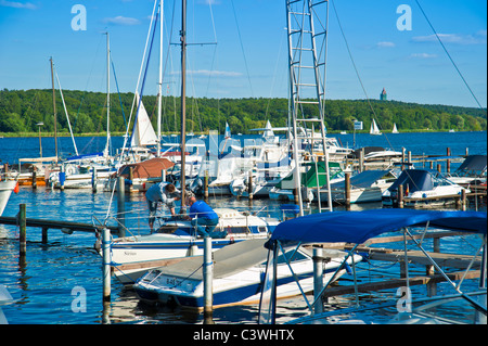 Yachts at landing stages at Marina Lanke, harbor, Berlin, Brandenburg ...