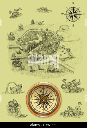 Old town with monsters illustration Stock Photo - Alamy