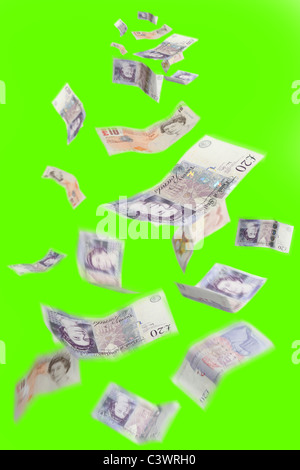 British pounds falling from the sky, man's hands reach up to try to ...