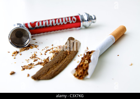 Moroccan hashish or hash, a cigarette, tobacco and a lighter to light ...