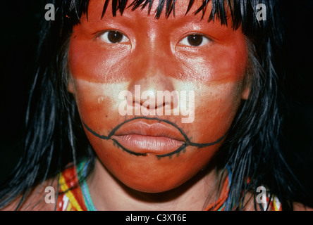Matsés woman with tribal face tattoo and painting. Chobayacu river ...