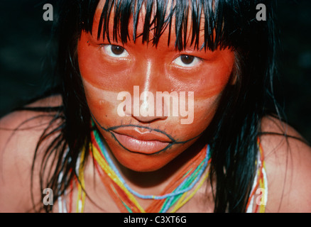 Matsés woman with tribal face tattoo and painting. Chobayacu river ...