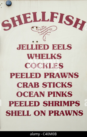 Seafood Sign Prawns Cockles Whelks Mussels Stock Photo - Alamy