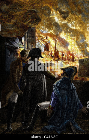 Napoleon watching the fire of Moscow, Russia in 1812. After the ...