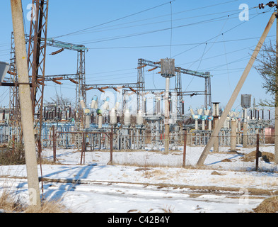 Power plant - transformation station. Multitude of cables and wires ...