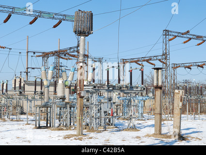Power plant - transformation station. Multitude of cables and wires ...