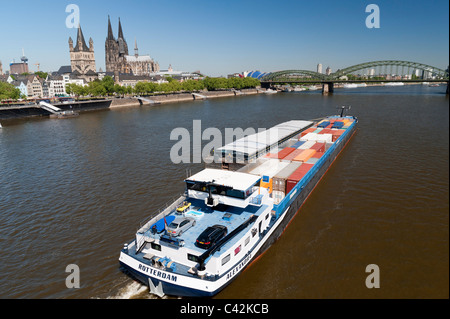 barge barges rhine river cologne germany Stock Photo - Alamy