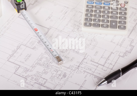Architectural house plan drawings and tools Stock Photo - Alamy