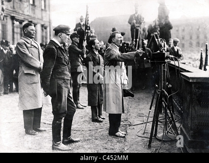 Adolf Hitler gives a speech from the rostrum of the Luitpold Arena to ...