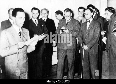 Reich Minister Joseph Goebbels (right) welcomes a delegation of the ...