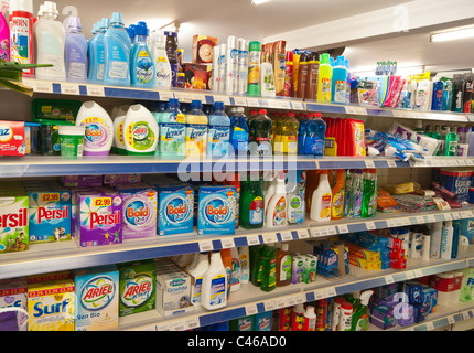 Products on shelves. Shelving racks on an aisle in a cash and carry ...