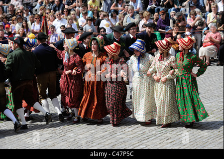 medieval festival parade Meistertrunk in ancient old city Rothenburg ob ...
