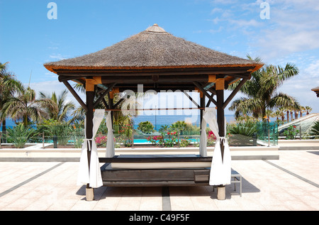 Swimming pool with Bali type hut and beach of luxury hotel, Tenerife ...