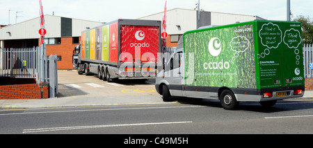 Ocado delivery truck arriving at depot followed by returning delivery ...