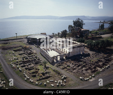 Aerial photograph of the ruins of Capernaum near the Sea of Galilee ...