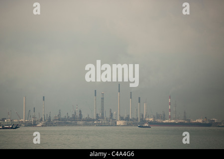 A view of an oil refinery on Jurong Island off the coast of Singapore ...