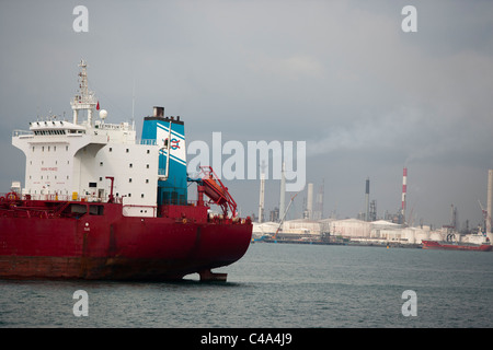 A view of an oil refinery on Jurong Island off the coast of Singapore ...