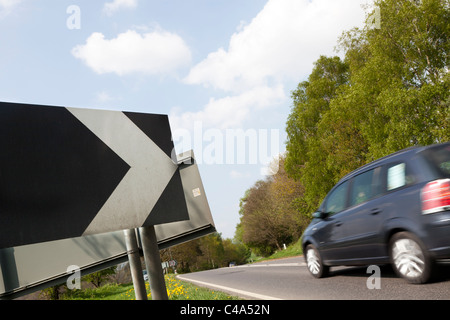 Road warning sign "Sharp deviation of route", Petersfield, Hampshire ...