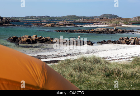 Sandy beach at Fidden on the Isle of Mull with Erraid in the distance ...