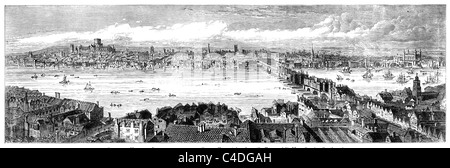 Old London Bridge before the Great Fire of London in 1666; Black and ...
