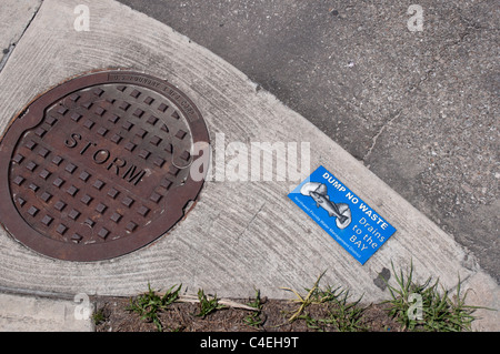 no dumping into storm drain, warning sign. Red spray paint mosquito ...