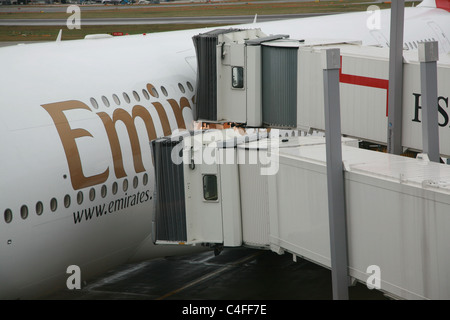 Emirates airbus A380 heathrow airport gate london Stock Photo - Alamy