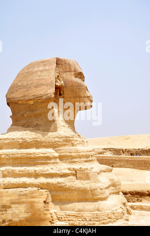 A view of the giant Sphinx in Giza, Egypt, showing erosion at the base ...