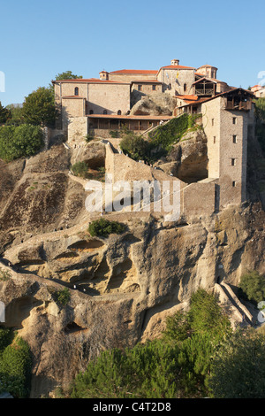 Holy Monastery of Great Meteoron complex on top of steep rock bathed in ...