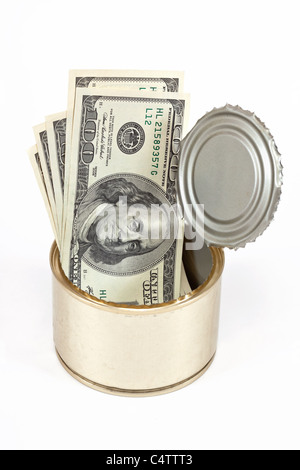 Dollars in an open tin can. Safeguarding cash, stash concept. Time to ...