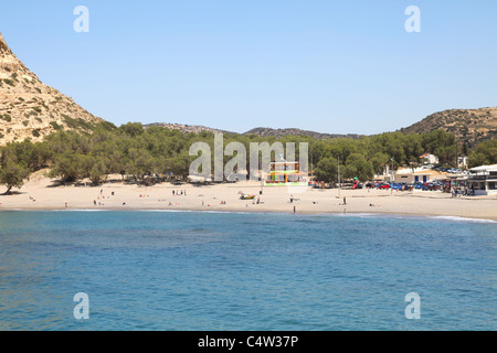 Beach and bay of Matala in south-central Crete. Famous by the caves is ...
