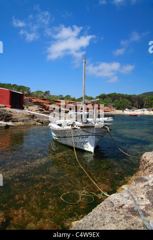 Traditional fishing boat (Llaut) at the Pou d´es Lleo bay, Ibiza, Spain ...