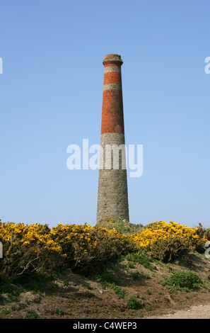 An old tin mining chimney at Levant, near St Just in Cornwall, England ...