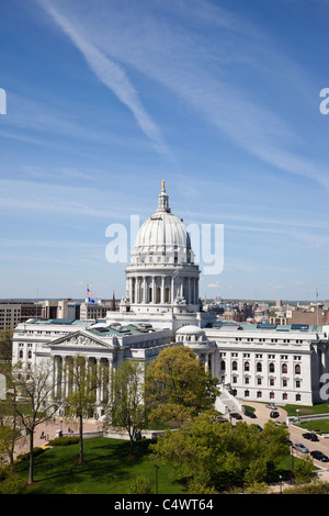 An aerial view of Madison, Wisconsin, the State Capitol, and the ...