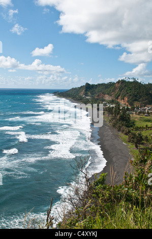 Coconut trees lining the black sand of Colonarie Beach, St. Vincent ...