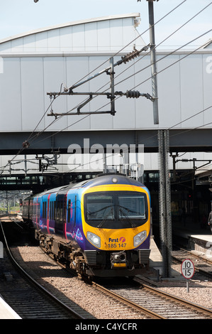 Class 185 train in First Transpennine livery waiting at a railway ...