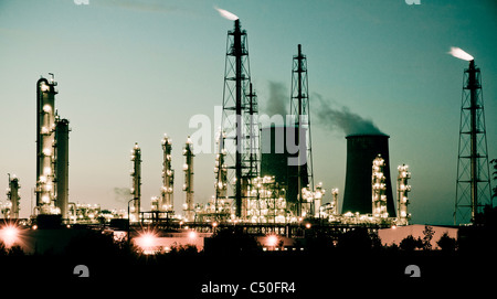 Leuna Works chemical plant at night, Leuna, Saxony-Anhalt, Germany ...