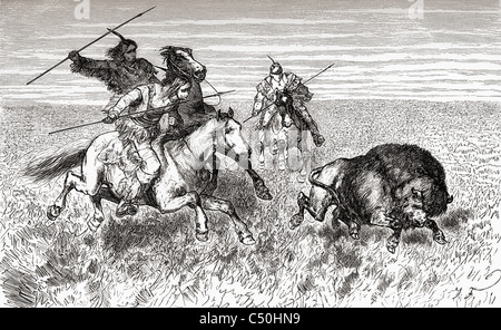 Native American Indians buffalo hunting in the great plains with bows ...