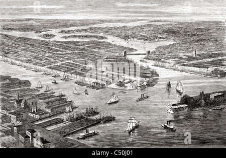 New York City in the late 1700s viewed from upper Manhattan Island ...