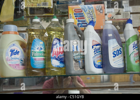 Store window display of household chemical cleaners. Brooklyn, NY Stock ...