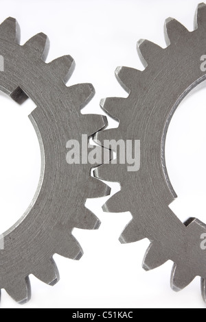 Two steel gears Close-up. Teamwork, partnership, business, cooperation ...