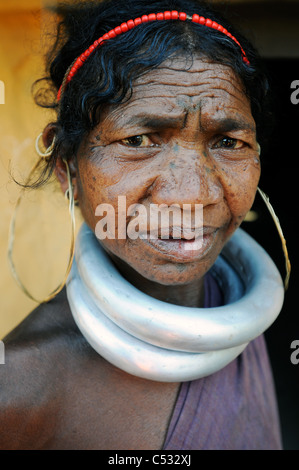 Portrait of Indian Gadaba Tribe Woman wearing neck rings and hoop ...