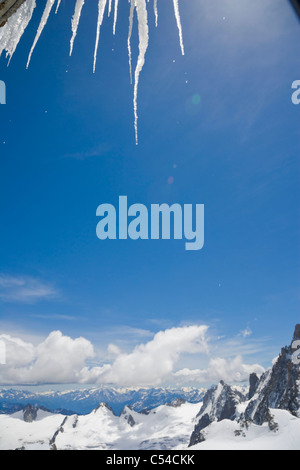 Alpine views from Aiguille du Midi viewing platform above Chamonix underneath Mont Blanc Stock ...