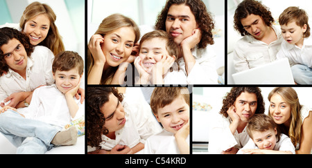 Collage with friendly happy family, parents and kids wearing old ...