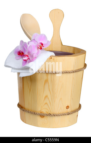 Wooden sauna bucket with spoon isolated over white Stock Photo - Alamy