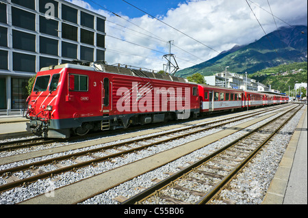 A Matterhorn Gotthard Bahn train arriving from Disentis direction at ...