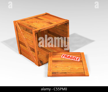 Open wooden crate with fragile sticker Stock Photo - Alamy
