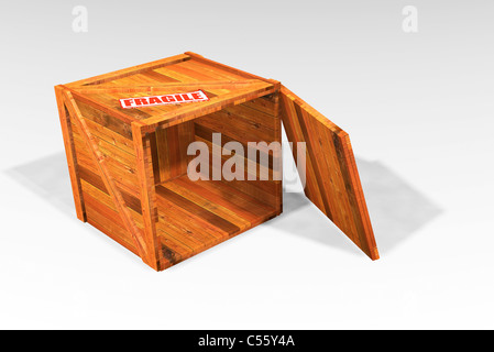 Open wooden crate with fragile sticker Stock Photo - Alamy