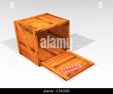 Open wooden crate with fragile sticker Stock Photo - Alamy