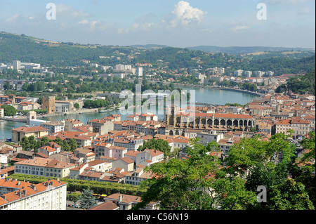 view of the town of Vienne, the Rhone River and the old Roman Theater ...